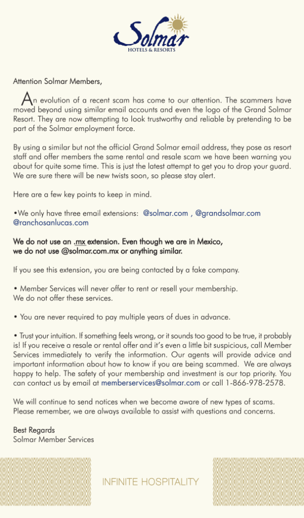 Security Alert for Grand Solmar Members - Solmar Members Blog